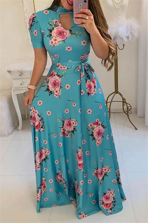 Lovely Stylish Floral Print Blue Maxi Plus Size Dressplus Size Dress