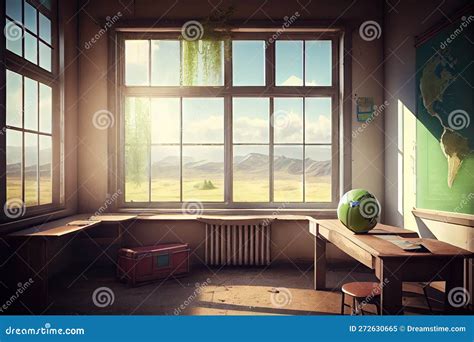 Empty School Classroom With View Of The Outside World Through Large