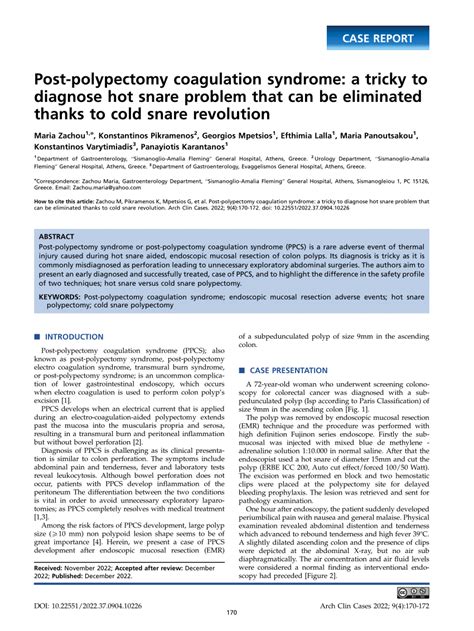 Pdf Post Polypectomy Coagulation Syndrome A Tricky To Diagnose Hot Snare Problem That Can Be
