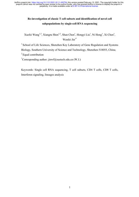 Pdf Re Investigation Of Classic T Cell Subsets And Identification Of Novel Cell Subpopulations