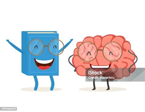 書和大腦可愛的卡通人物與微笑的面孔和情感向量插圖設置在白色背景上隔離的圖示eps 10向量圖形及更多書圖片 書 書呆子 人 Istock