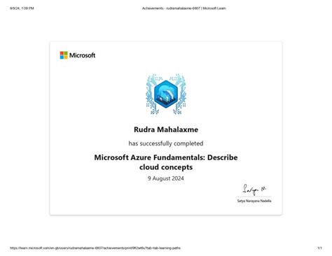 Earned Microsoft Azure Fundamentals Describe Cloud Concepts Rudra Mahalaxme Crpo Cscso B