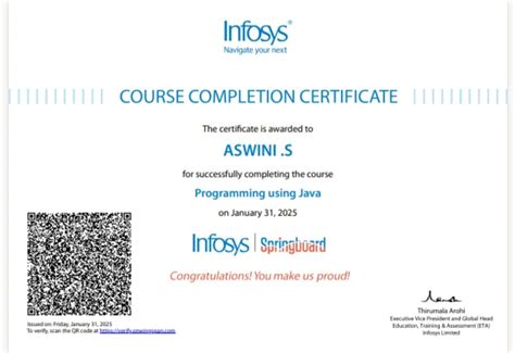 I Am Successfully Completed A Java Program Course In Infosys Springboard Aswini S