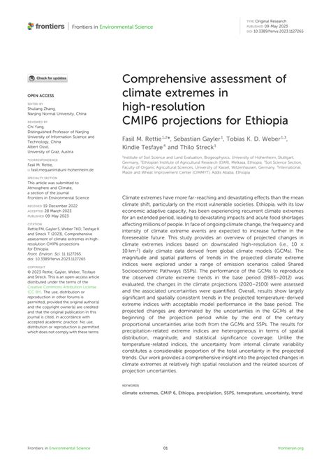 Pdf Comprehensive Assessment Of Climate Extremes In High Resolution Cmip6 Projections For Ethiopia