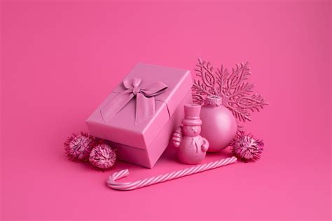 분홍색 배경에 선물 상자 사탕 지팡이 눈송이 와 장식으로 만든 창조적 인 크리스마스 레이아웃 0명에 대한 스톡 사진 및 기타