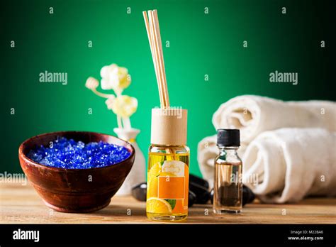 Spa Health Club Bottle Massage Oil Herb Crystal Bowl Treatment Stock