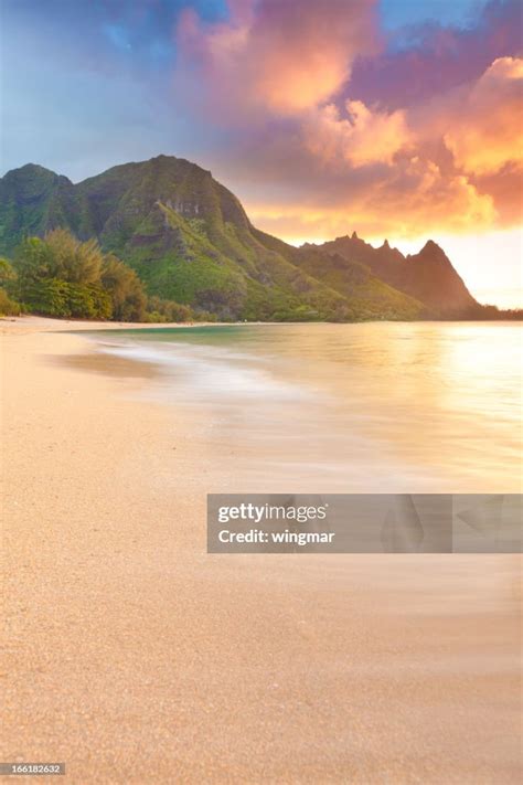 Sunset On The North Shore Of Kauaitunnels Beach Hawaii High Res Stock