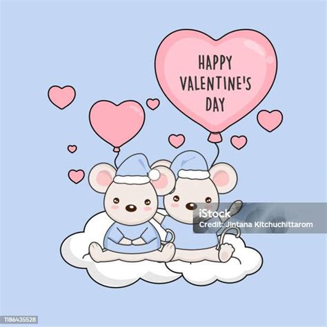 การ์ดสุขสันต์วันวาเลนไทน์ การ์ตูนเมาส์น่ารักกับบอลลูนหัวใจ ภาพประกอบสต็อก ดาวน์โหลดรูปภาพ