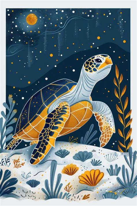 Majestic Sea Turtle Underneath The Night Sky Stock Illustration