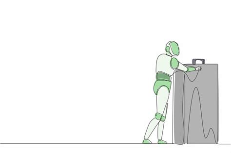 Premium Vector Single Continuous Line Drawing Robots Standing And Hugging Huge Briefcase
