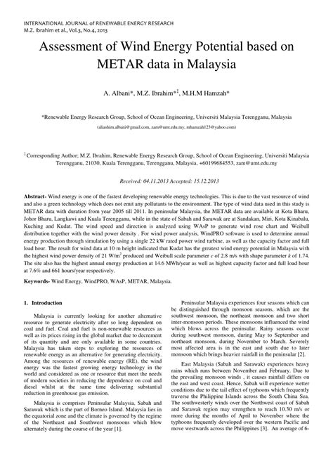 Pdf Assessment Of Wind Energy Potential Based On Metar Data In Malaysia