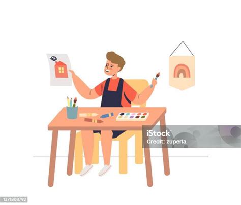 유치원 교육 그룹에서 미술 수업 중에 그림을 그리는 어린 소년 아이 어린이를 위한 공예 수업 그리기에 대한 스톡 벡터 아트 및 기타 이미지 Istock