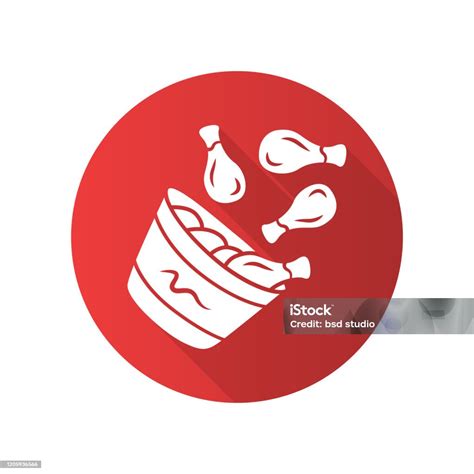 치킨 버킷 플랫 디자인 긴 그림자 문 양 아이콘입니다 바베큐 치킨 드럼 스틱 다리 건강에 해로운 패스트 푸드 카페 스낵 바