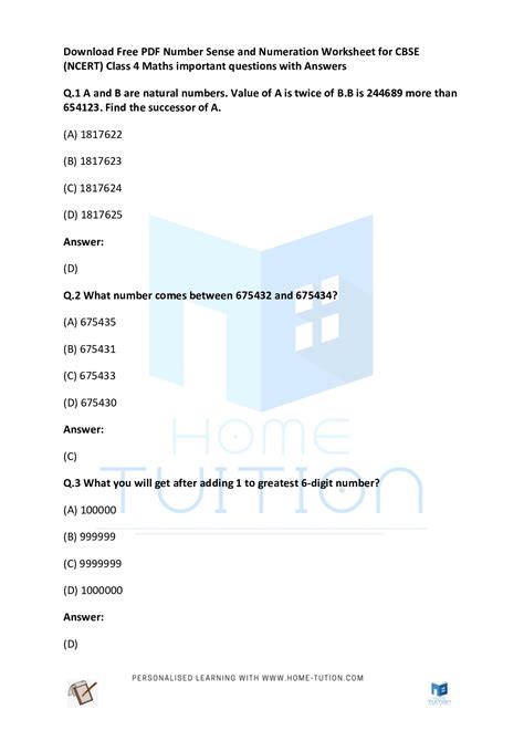 Cbse Class 4 Maths Number Sense And Numeration Worksheet Download Free Pdf Home Tution