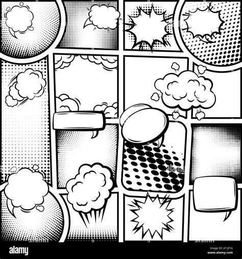 Comic Book Page Template With Blank Speech Bubbles Sound And Halftone