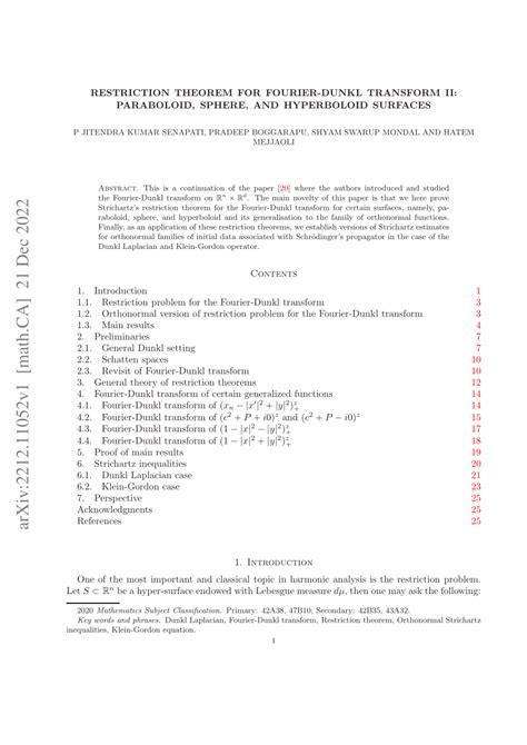 Pdf Restriction Theorem For Fourier Dunkl Transform Ii Paraboloid Sphere And Hyperboloid
