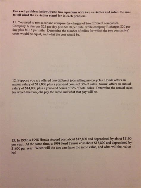 solved for each problem below write two equations with two