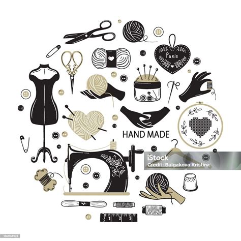 바느질 개념 다양한 바느질 도구 바늘 가위 원사 재봉틀 스풀 실 등 손으로 그린 벡터 세트입니다 만화 스타일 평면 디자인 모든 요소는 격리됩니다 가위에 대한 스톡 벡터 아트