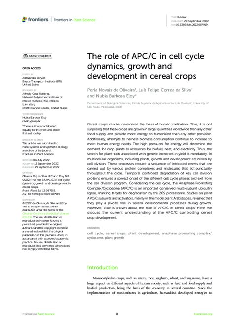 Pdf The Role Of Apc C In Cell Cycle Dynamics Growth And Development In Cereal Crops Nubia