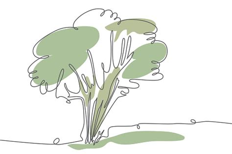 숲 가뎃 나무 손으로 그린 아이콘 연속 선 그리기와 녹색 평면 실루엣 생태 유행 Grafic 개념 하나의 단일 라인 디자인 윤곽선 간단한 이미지 흑백 벡터 개체 그룹에 대한