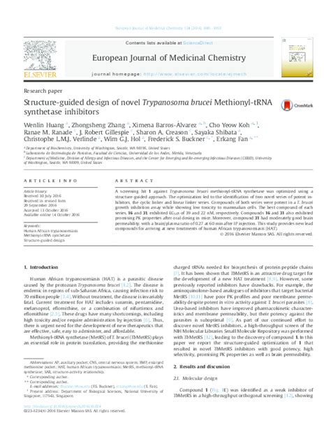 Pdf Structure Guided Design Of Novel Trypanosoma Brucei Methionyl Trna Synthetase Inhibitors