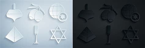 유대인 잔 세계 글로브와 이스라엘 이집트 피라미드 다윗의 별 올리브 지점 및 하누카 Dreidel 아이콘을 설정하십시오 벡터