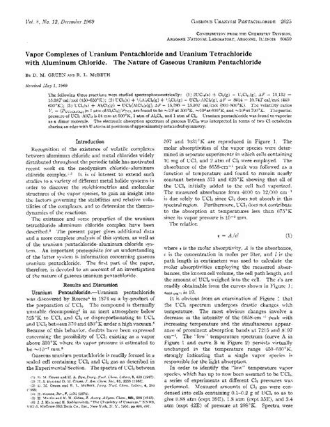 Pdf Vapor Complexes Of Uranium Pentachloride And Uranium Tetrachloride With Aluminum Chloride