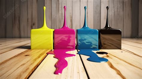 무료 나무 표면에 세 개의 다채로운 잉크 트레이 Ppt 배경 Slidesdocs