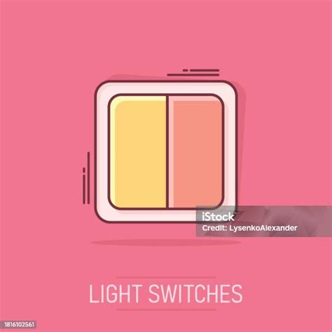 코믹 스타일의 벡터 만화 전기 조명 스위치 아이콘 파워 스위치 사인 일러스트레이션 픽토그램 고전압 비즈니스 스플래시 효과 개념