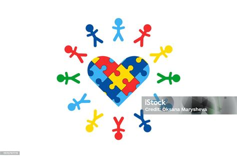 세계 자폐증 인식의 날 벡터 배너입니다 퍼즐 마음과 주위의 사람들 색의 실루엣 사람들 World Autism Awareness Day에 대한 스톡 벡터 아트 및 기타 이미지