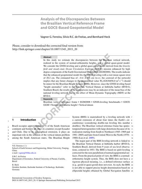 Pdf Analysis Of The Discrepancies Between The Brazilian Vertical Reference Frame And Goce