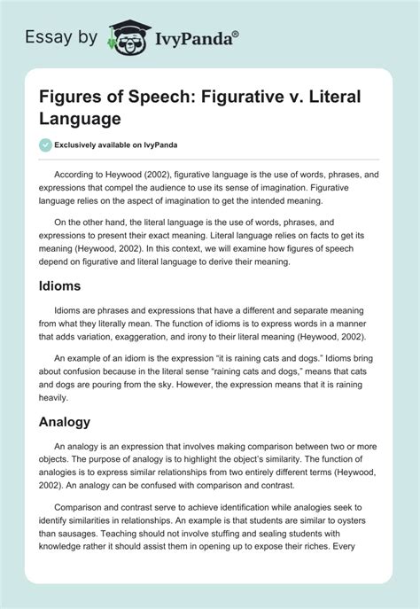 Figures Of Speech Figurative V Literal Language 907 Words Report Example