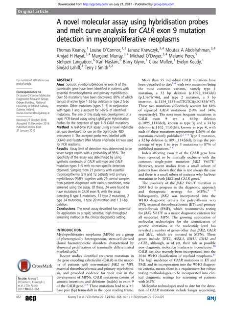 Pdf A Novel Molecular Assay Using Hybridisation Probes And Melt Curve Analysis For Calr Exon 9
