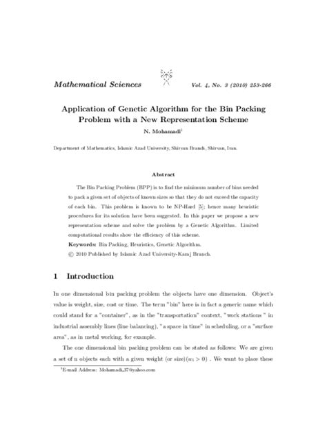 Pdf Application Of Genetic Algorithm For The Bin Packing Problem With