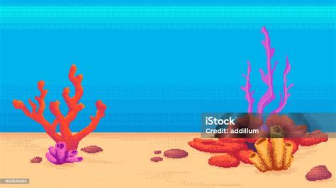게임 또는 모바일 앱을 위한 픽셀 아트 수중 배경입니다 산호와 조류 벡터 그림과 함께 해저 수평으로 도킹할 때 매끄럽습니다 도시를 벗어난 장면에 대한 스톡 벡터 아트 및