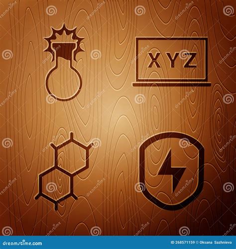 Set Secure Shield With Lightning Test Tube And Flask Chemical Formula And XYZ Coordinate
