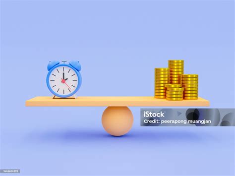 돈과 시간의 3d 최소 비교 돈과 시간의 평가 시소에 동전 더미와 알람 시계 3d 렌더링 그림입니다 0명에 대한 스톡 사진 및 기타 이미지 Istock
