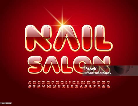 벡터 트렌디 한 엠블럼 네일 살롱 알파벳 문자와 숫자의 빨간색과 금 세트 로고에 대한 스톡 벡터 아트 및 기타 이미지 로고 빨강 손톱 Istock