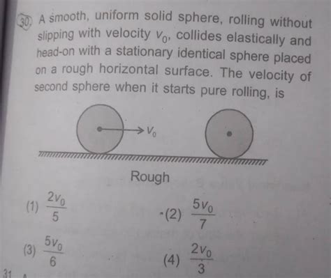 30 A Smooth Uniform Solid Sphere Rolling Without Slipping With Veloci