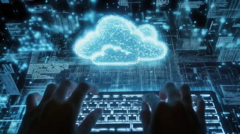 Programmer Typing On Keyboard With Hologram Cloud And Data Stream Stock