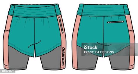 여성 운동 러닝 트레일 반바지 압축 스타킹 반바지 디자인 플랫 스케치 패션 소녀와 여성을 위한 일러스트레이션 착용 추적을 위한 전면 및 후면 보기가 있는 운동 반바지 개념