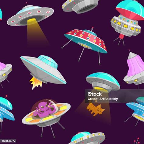 Ufo 완벽 한 패턴입니다 외계 우주선 미확인 비행 물체 환상적인 로켓 우주 공간에서 우주 우주선 벡터 일러스트 레이 션에 흰색