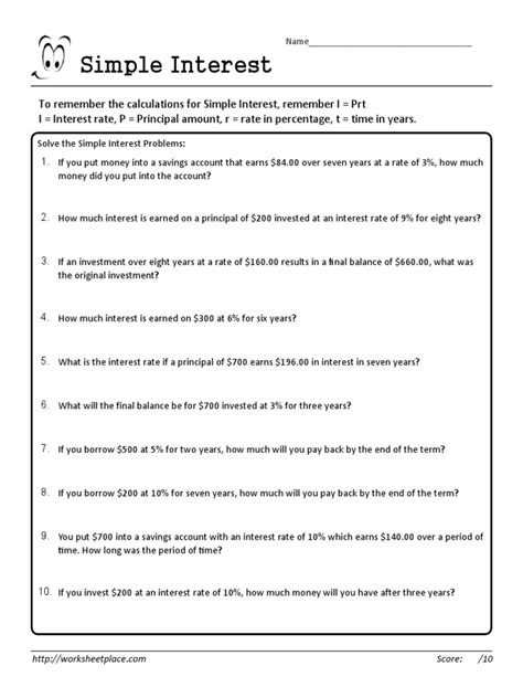 Simple Interest Worksheet 01 Pdf Interest Interest Rates Worksheets Library