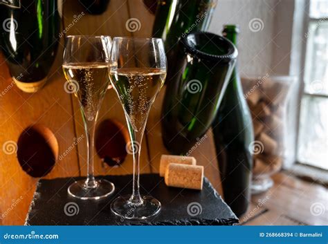 Glasses Of Sparkling White Wine Champagne Or Cava With Bubbles And
