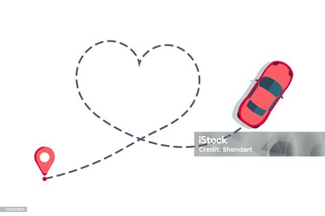 자동차 경로를 사랑 해요 낭만적 인 여행 심장 대시 선 추적 및 경로 마음 자동차 경로 점선 사랑 발렌타인 데이 그림 고립 된 벡터 일러스트 레이 션 차에 대한 스톡 벡터