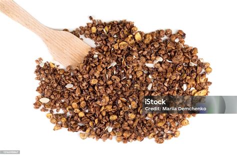 귀리 아마 아몬드 흰색 배경에 고립 된 나무 주걱초콜릿을 곁들인 유기농 수제 구운 그래놀라 시리얼 탑 뷰 뮤즐리 0명에 대한 스톡 사진 및 기타 이미지 Istock