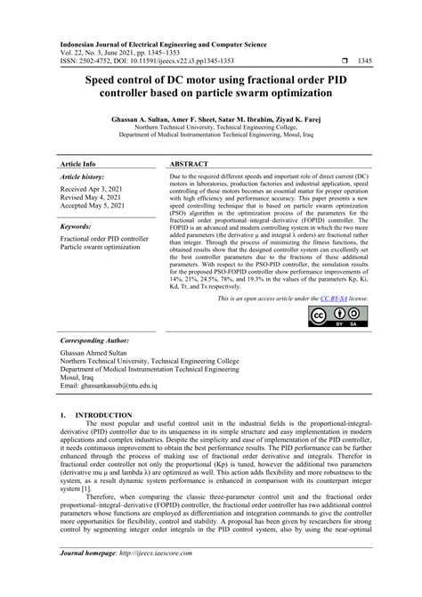 Pdf Speed Control Of Dc Motor Using Fractional Order Pid Controller Based On Particle Swarm