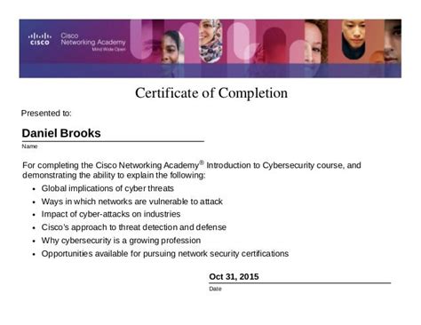 Certificate Of Completion Cisco Intro To Cybersecurity