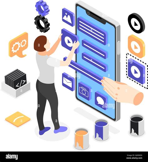 User Interface Development Isometric Concept With Young Woman Creating Custom Design For Mobile