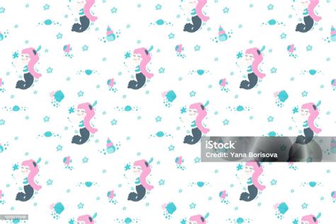 불가사리 조개 물고기를 잡는 귀여운 인어 소녀의 종류 원활한 패턴 분홍색 머리와 수중 세계와 아름다운 사이렌 스칸디나비아 스타일 베이비 샤워용 벡터 0명에 대한 스톡 벡터